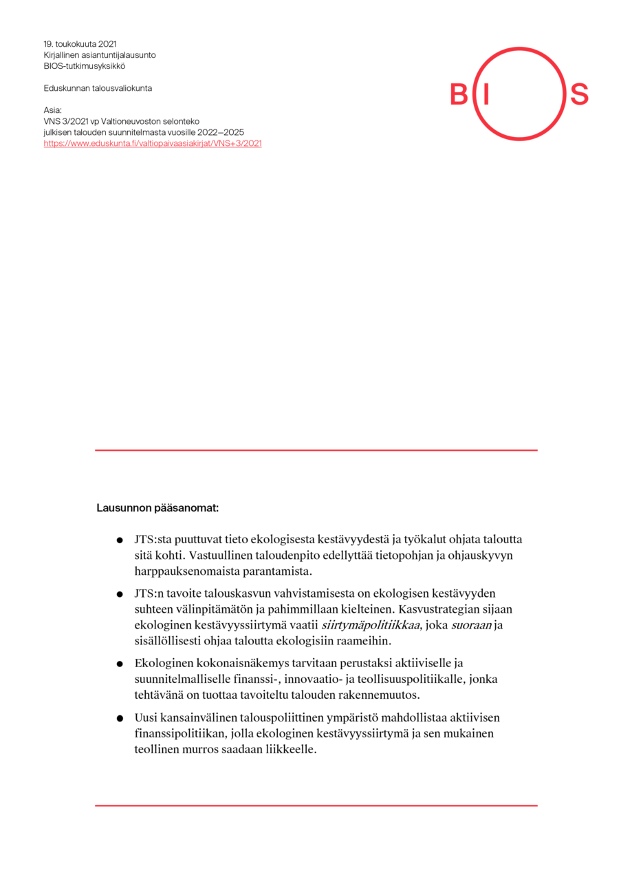 Talousvaliokunnalle: Julkisen talouden suunnitelma 2022-2025 – BIOS