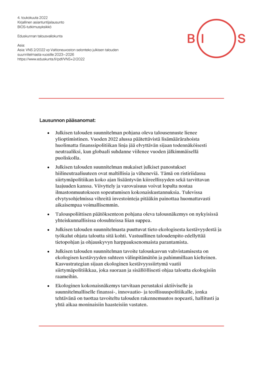 Eduskunnan talousvaliokunnalle: Julkisen talouden suunnitelma 2023–2026 – BIOS